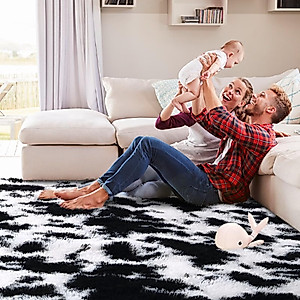 COZYLOOM Area Rug 9x12 Soft Fluffy Rainbow Kids Rug Luxury Fuzzy Shag Rug for Girls Room Bedroom Modern Indoor Plush Thick Non-Slip Shaggy Rug for Living Room Nursery Cute Throw Carpet Black White