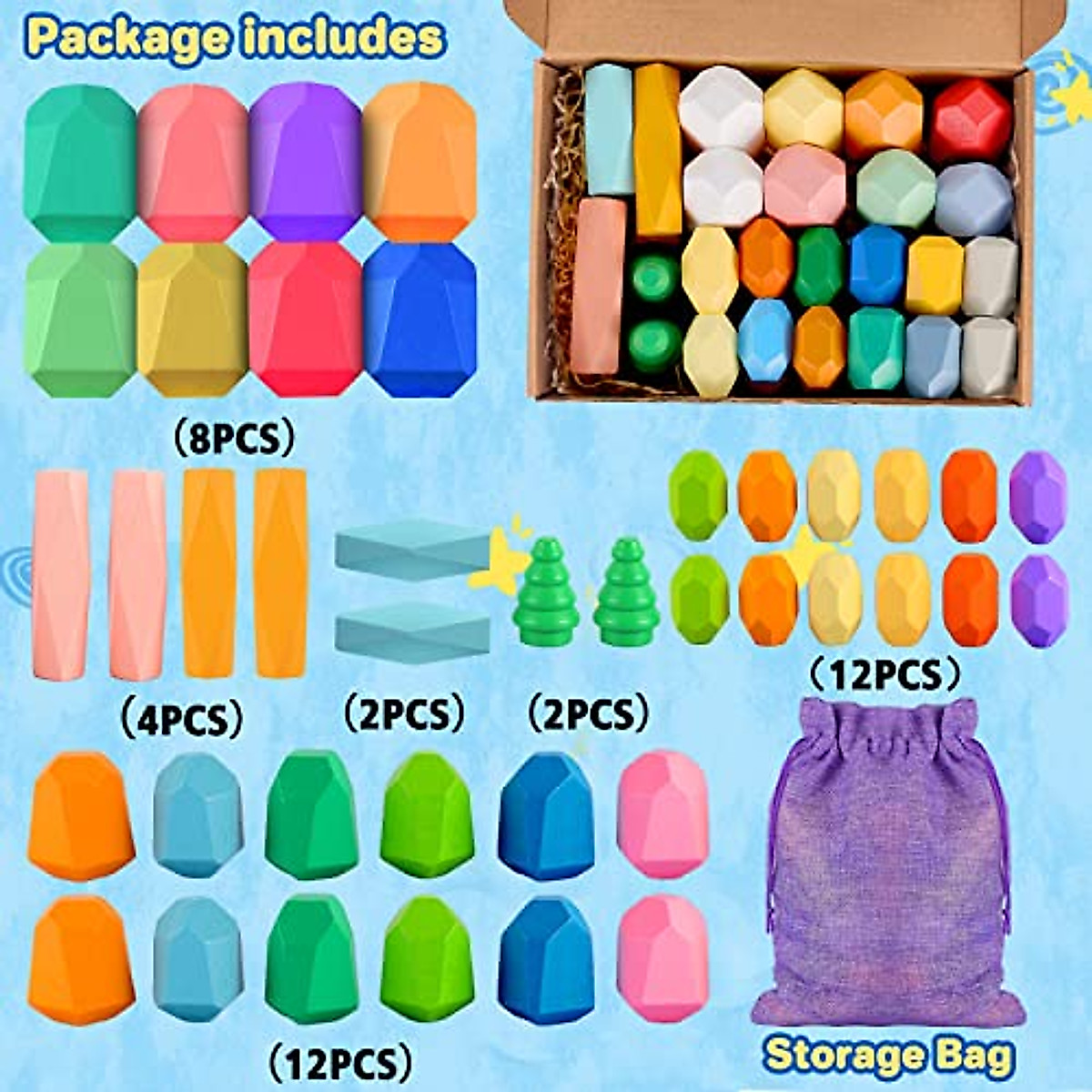 Wooden Stacking Rocks Toys, Montessori Toys for 1 2 3 year old, Stacking toys for toddlers, Sensory Educational Preschool Learning building blocks toys for Kids age 3-5, Birthday Game Gift Boys Girls