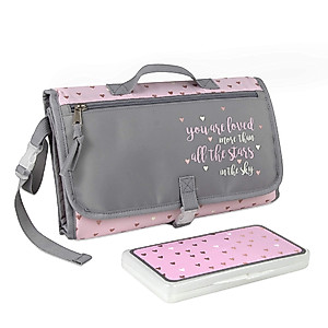 Portable Diaper Changing Pad Station Waterproof for Baby Girl, Boy with Padded Head Rest, Wipes Dispenser (Pink Hearts)
