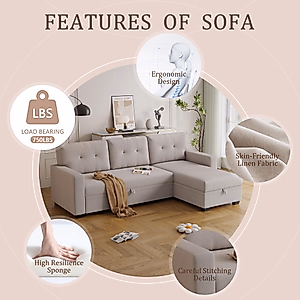 Acosure 82" Sectional Sleeper Sofa with Storage Chaise & Pull-Out Bed,L-Shape Convertible 3 Seater Couch W/Tufted Backrest,Reversible Sleeper for Living Room Apartment Office,Beige