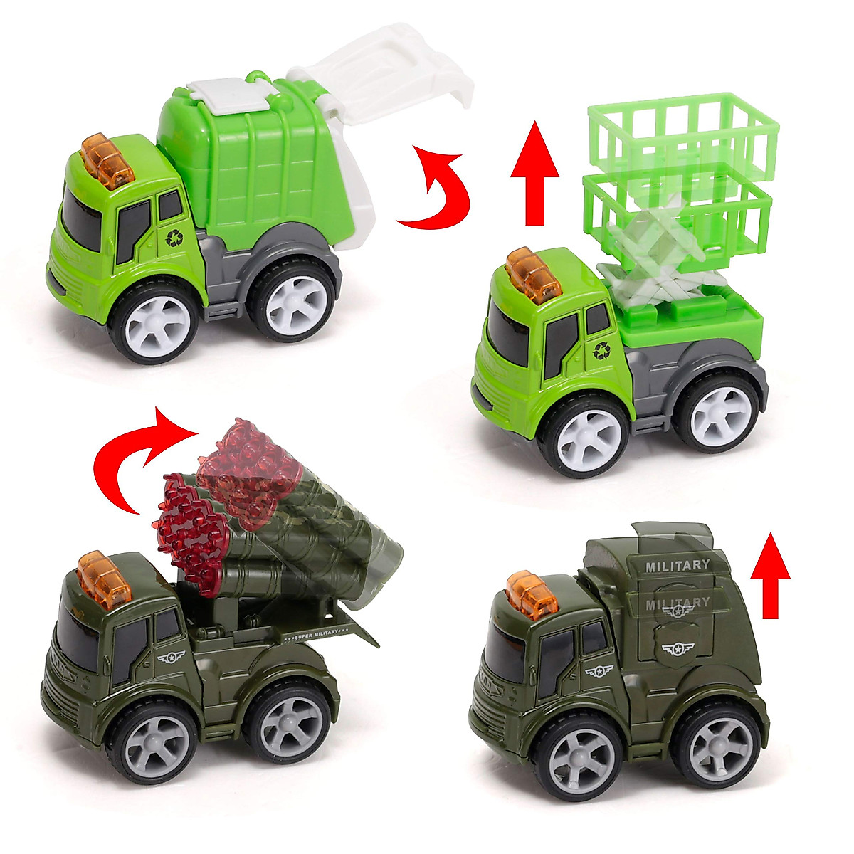 JOYIN 12Pcs Toddler Toy Cars Diecast Friction Powered Vehicles with 12 Traffic Road Signs 4 Construction Truck 2 Fire Truck 2 Police Car 2 Garbage Truck 2 Military Car Kids Birthday Easter Xmas Gifts