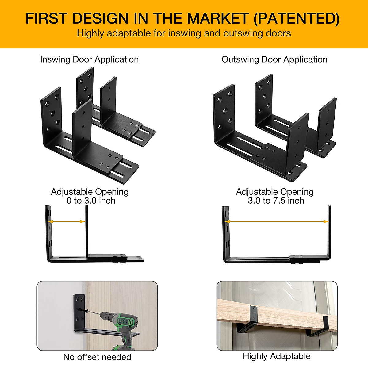 Adjustable Door Barricade Brackets (2pcs)-Drop Open Bar Holder for Security Door Reinforcement Steel U Bracket for outswing and inswing Doors or Gates