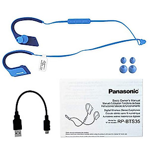 PANASONIC Wings Sport Headphones are Ultra-Light Wireless Bluetooth Sport Earbud 3D Flex Sport Clips with Microphone and Call/Volume Controller, IPX5 Rated Water-Resistant - RP-BTS35-A (Blue)