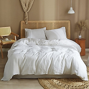 Ivellow Bed Linen Set, 100% Pure French Linen Duvet Cover, Queen, 3Pcs (1 Duvet Cover, 2 Pillowcases), Off White