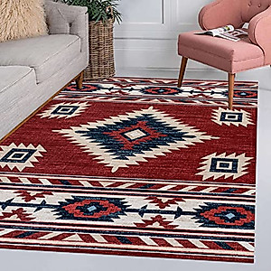 JONATHAN Y SWC100A-8 Serape Medallion Southwestern Indoor Area Rug, Southwestern, Geometric, Country, Bedroom, Kitchen, Living Room, Easy-Cleaning, Non-Shedding, 8 X 10, Red/Navy/Cream