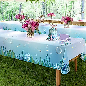 9x5ft Fabric Under The Sea Tablecloth Little Mermaid Table Cover for Under Sea Birthday Party Decoration Bubble Ocean Beach Pool Wedding Reception Table Cloths Dessert Tablecloths Kids Party Supplies