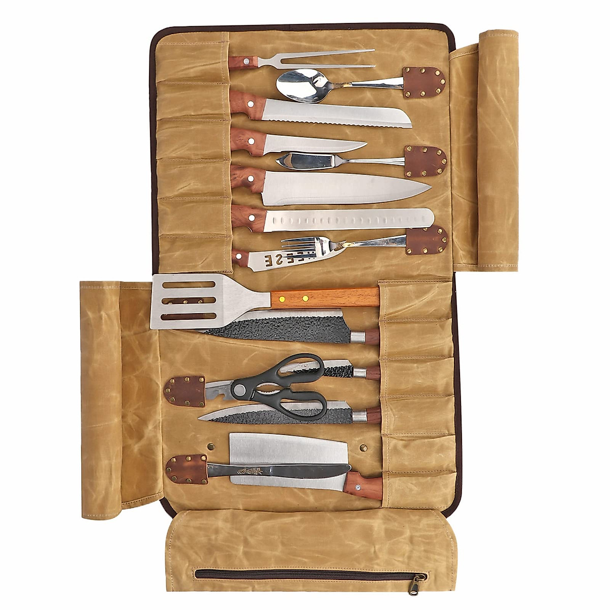 TOURBON Waxed Canvas Chef Knife Set Holder with 23 Slots and Zipper Pouch, Knives Roll Storage Bag with Removable Shoulder Strap and Leather Handle Strap
