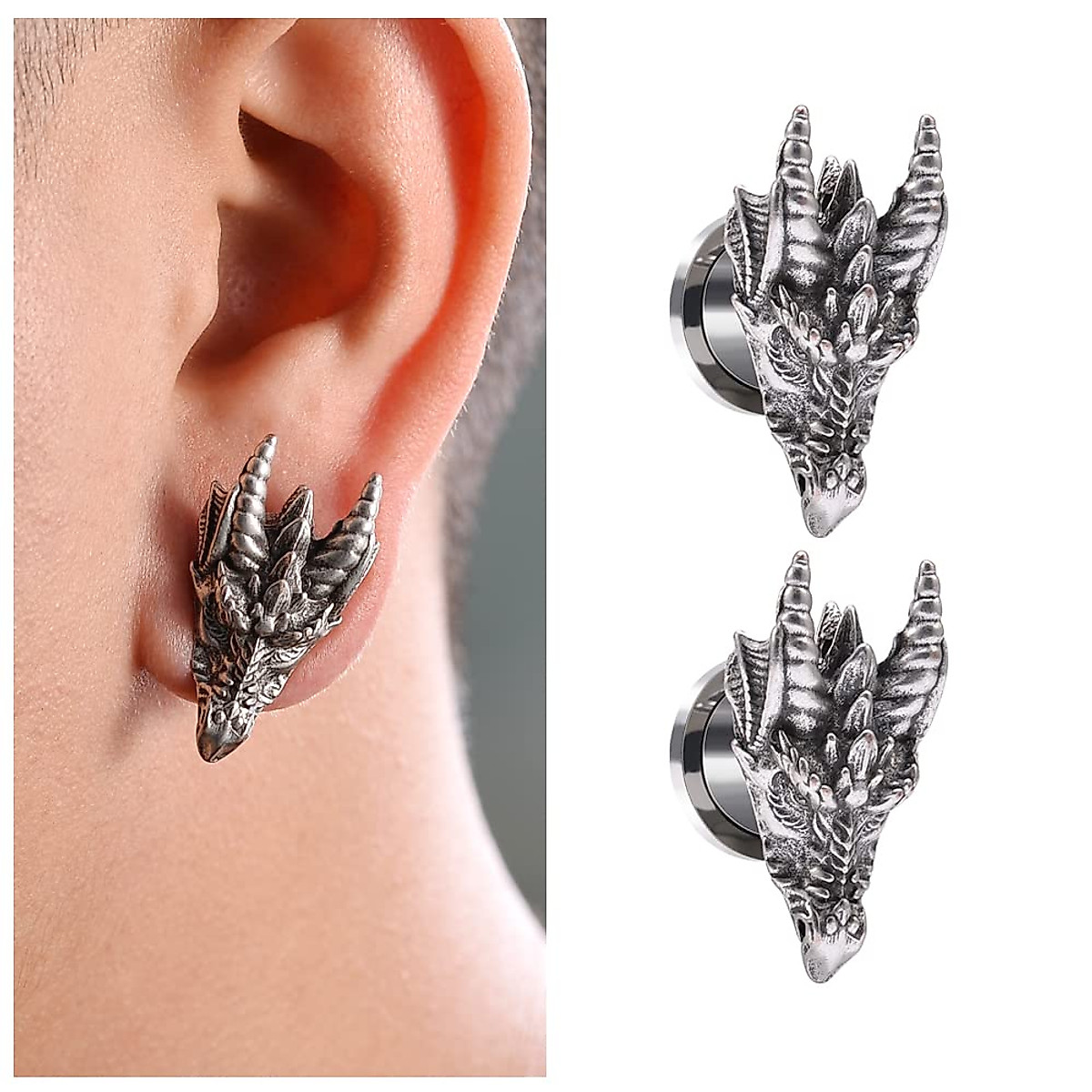 POBAISITER 1 Pair Stainless Steel Dragon Head Ear Gauges Tunnels Jewelry For Man For Woman Body Piercing Jewelry 2g-1/2 Inch Ear Stretcher Plugs