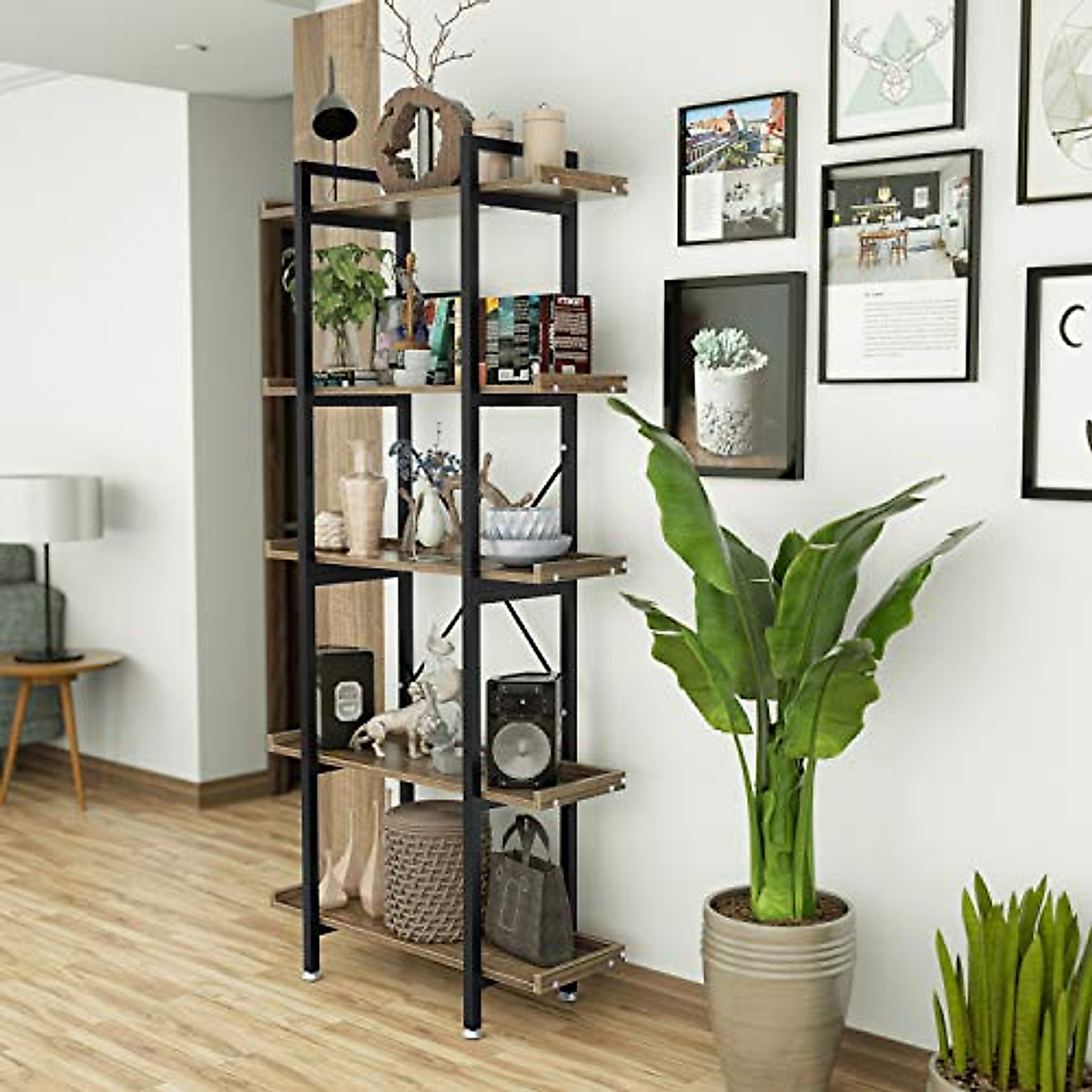 SEISSO 5 Tier Bookcase, Open Bookshelf Metal Shelving Unit Etagere Bookcase Solid Tube Wood Shelves Rustic Bookshelf Modern Style Bookcase Furniture for Home Office Living Room 37" x 31.5" x 11.8"