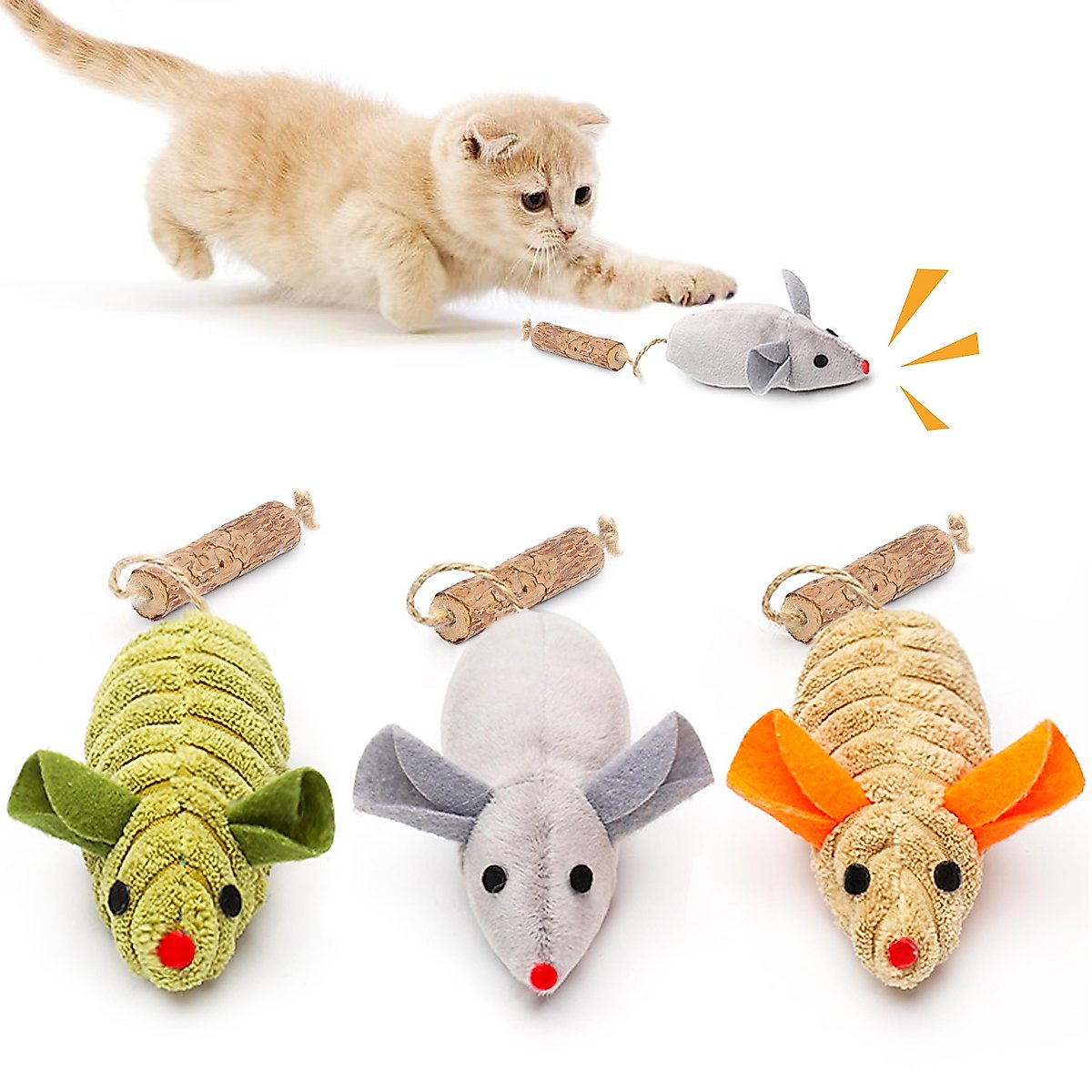 Potaroma Cat Toys 3Pcs Squeak Mice, Interactive Catnip Silvervine Animals Toys for Indoor Kittens, Dental Matatabi Cat Nip Chirping Toy, Cat Chew Exercise Toy for All Breeds and Species