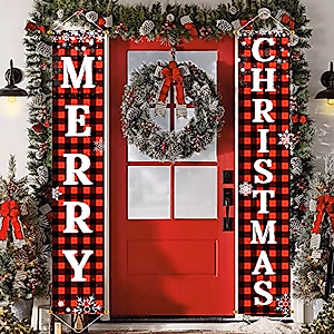 Ivenf Christmas Decorations Outdoor Yard Front Porch Sign Set, Red Black Buffalo Plaid Door Banner, Hanging Merry Christmas Decorations for Home, Indoor Outdoor Xmas Decor Wall Front Door Yard Garage