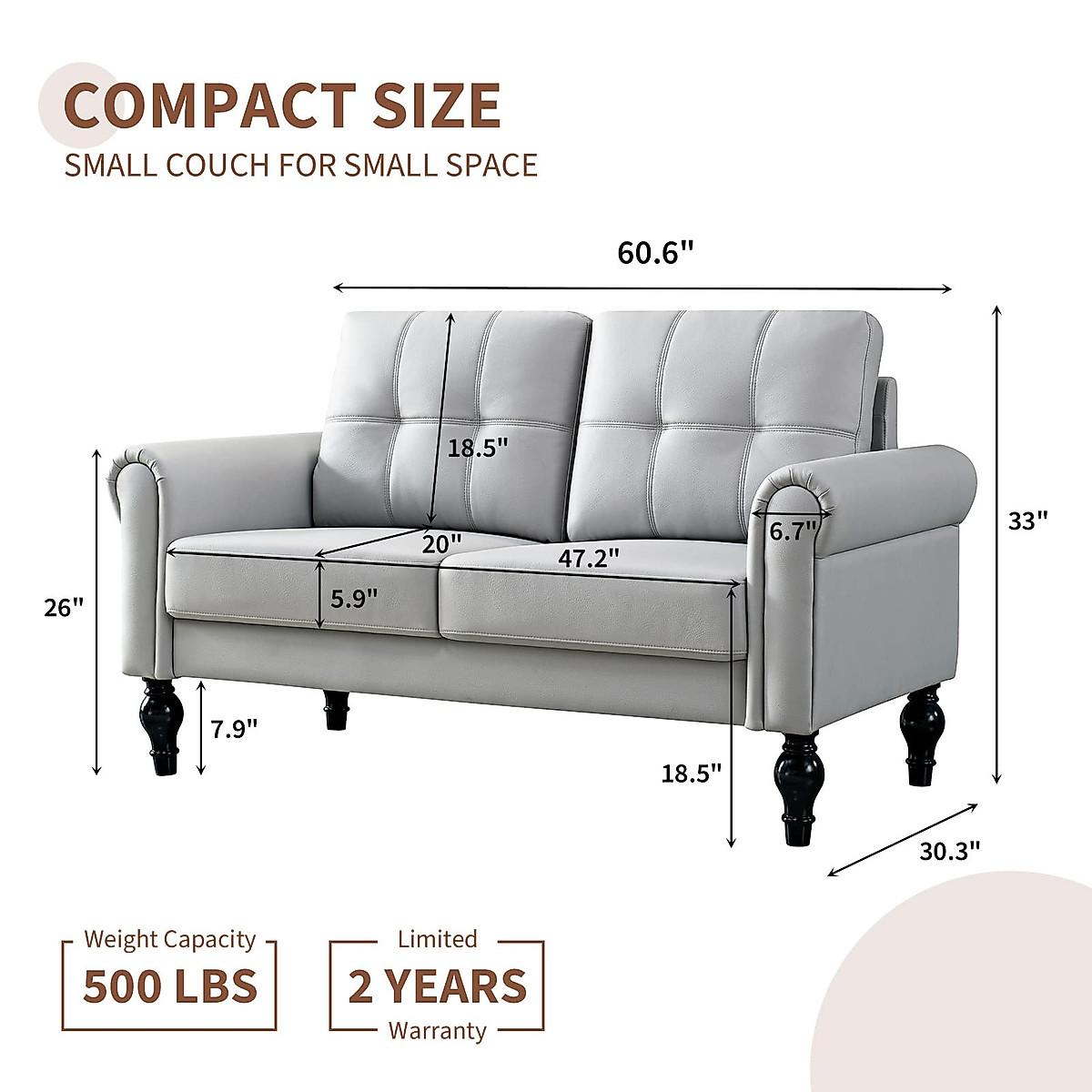 Husbedom 60.6 Inches Loveseat Sofa, Air Leather Small Couches for Small Spaces, Comfy Couch for Living Room, Bedroom, Apartment, Studio, Light Gray