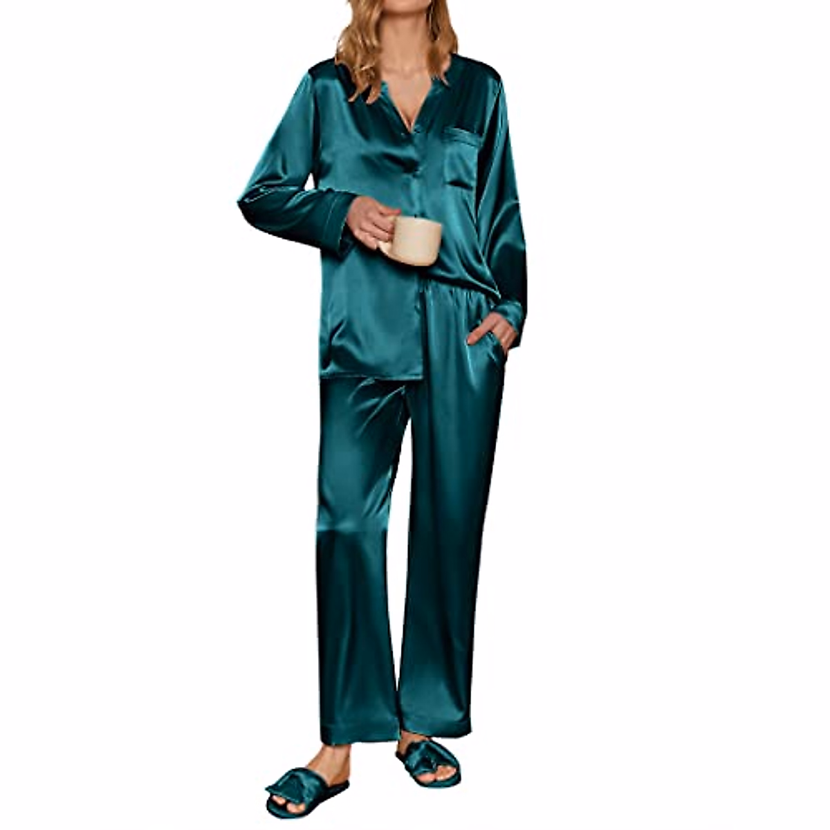Ekouaer Womens Silk Pjs Long Sleeve Sleepwear Satin Pajamas Top and Pants Set Two Piece Sleep Set Dark Green