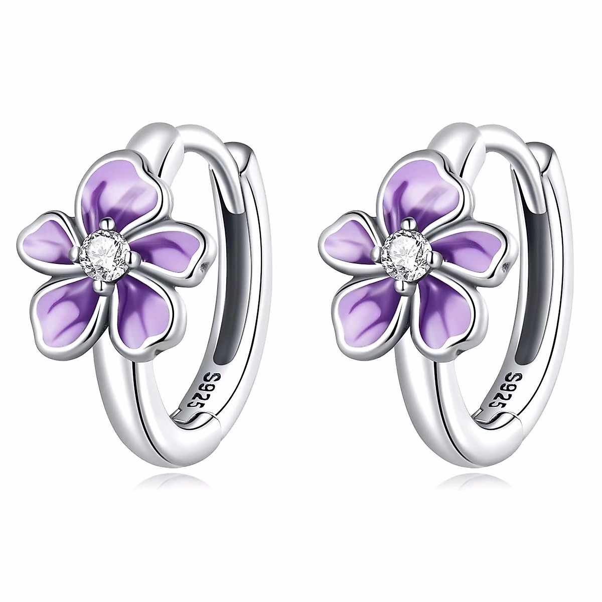 Qings Flower Small Hoop Earrings for Women, S925 Sterling Silver Hypoallergenic Huggie Hoop Earrings Purple Fresh Flower Earrings Jewelry Gifts for Women