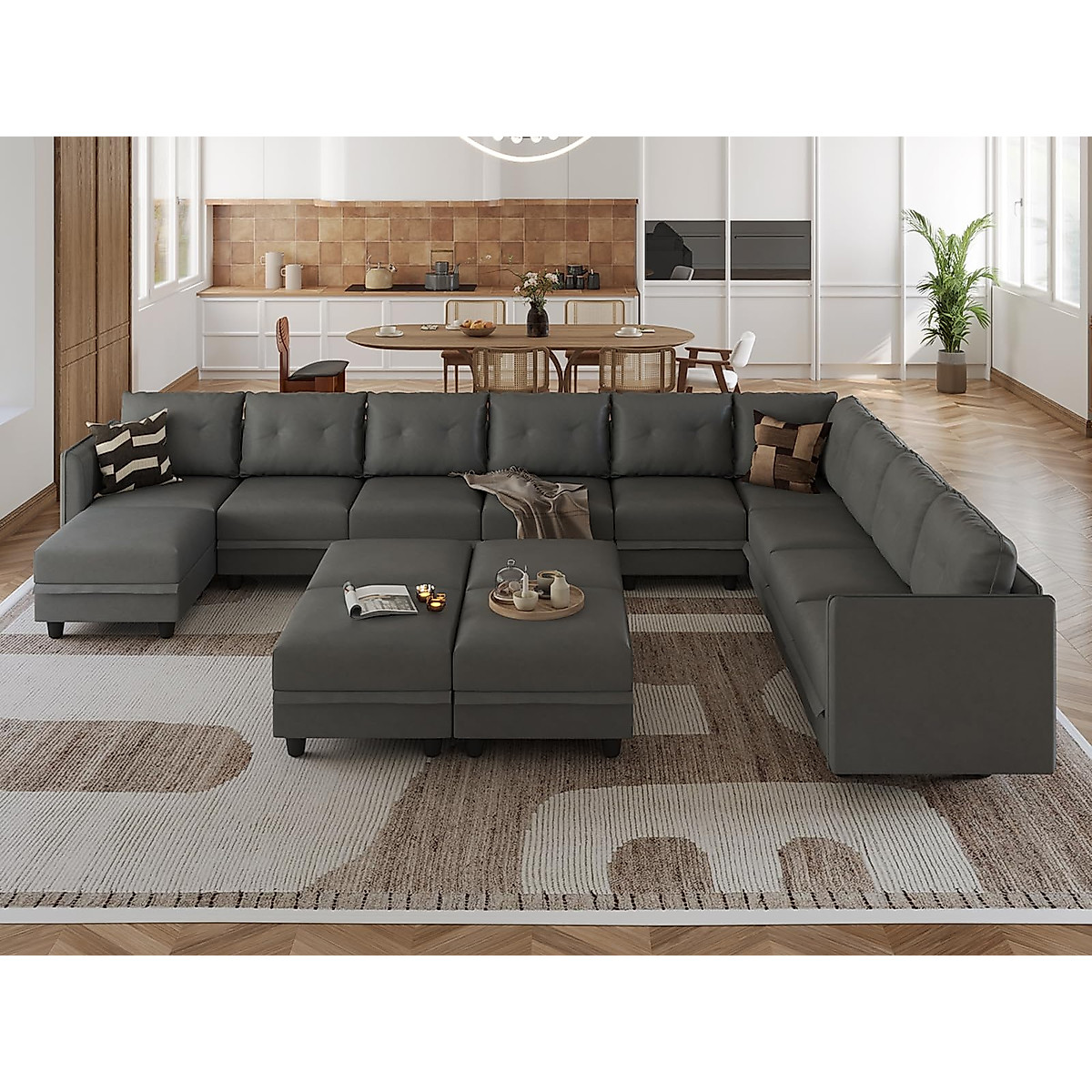 LLappuil Modular Sectional Sofa with Storage, Oversized Couch 14 Seater U Shaped Sofa with Chaise, Faux Leather Fabric Large Sectional Couch with Ottoman, Dark Grey