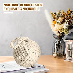 Tenceur 3 Pcs 3 Lbs Decorative Door Stop Rope Knot with Handle 6 Inch Nautical Fabric Door Stopper Twisted Knot Cotton Weighted Interior Doorstop for Door Window Bookend Dog Toys, Ivory