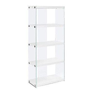 Monarch Specialties I Bookcase-5-Shelf Etagere Bookcase Contemporary Look with Tempered Glass Frame Bookshelf, 60"H, (White)