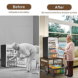 Mini Fridge Stand with Storage and Wheels, Heavy Duty Mini Fridge Table with Power Outlets for 220LBS Refrigerator, Rolling Fridge Cart with Large Capacity Drawer for Dorm,Office,Bedroom (Retro Brown)