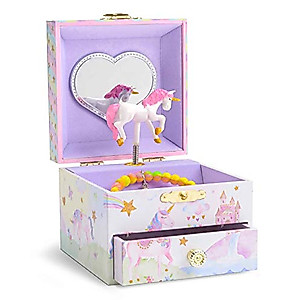 Jewelkeeper Girl's Musical Jewelry Storage Box with Spinning Unicorn & Pullout Drawer, Glitter Rainbow and Stars Design, The Unicorn Tune - Ideal Gift for Girls