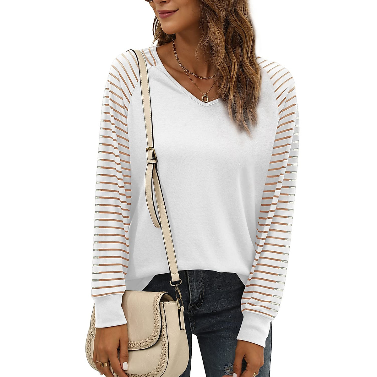 WEESO Womens Tunic Tops to Wear with Leggings White V Neck Blouses Dressy Casual M