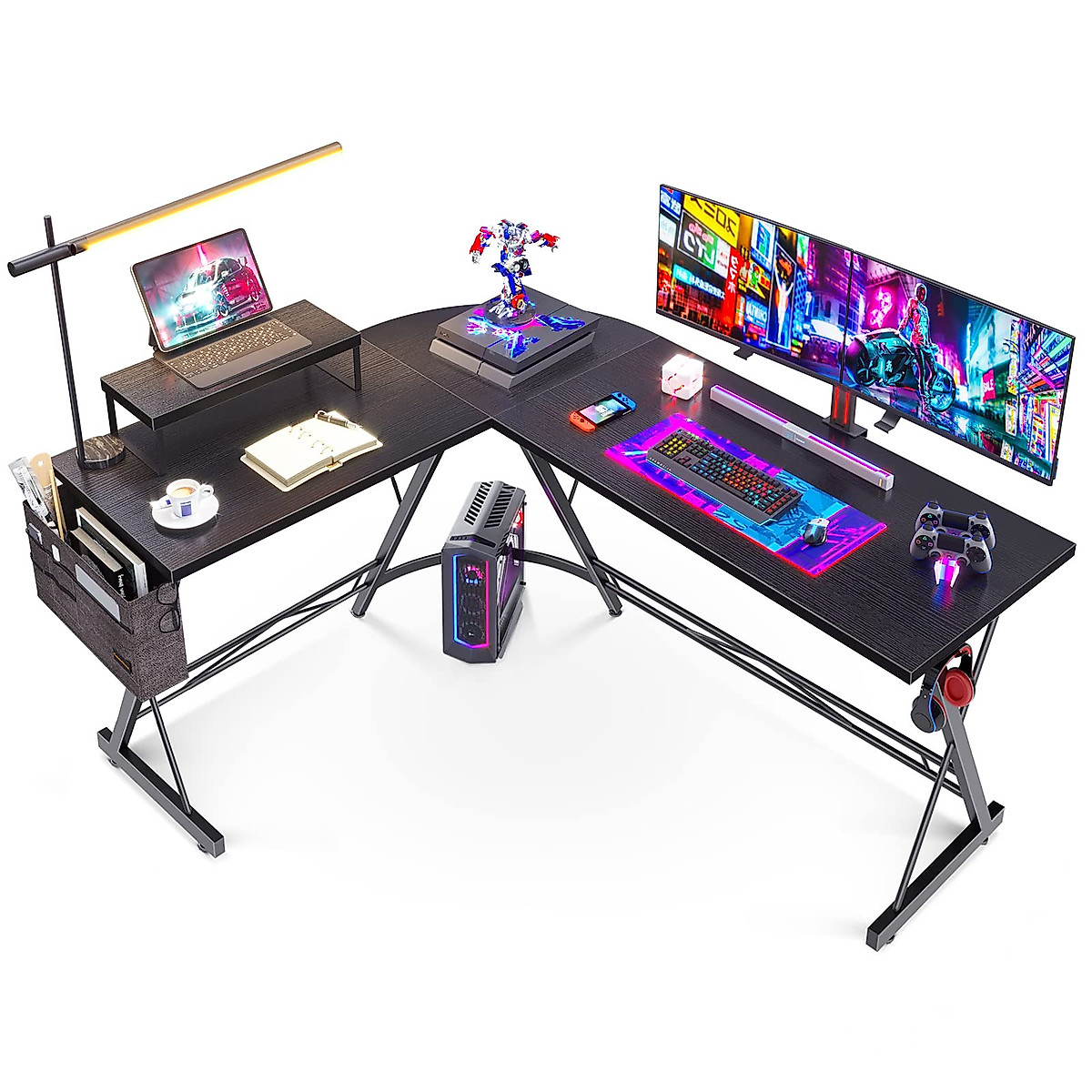 Casaottima L Shaped Gaming Desk, 58" Home Office Desk with Round Corner, Computer Desk with Large Monitor Stand Desk Workstation, Black