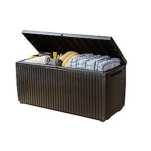 Keter Springwood 80 Gallon Resin Outdoor Storage Box for Patio Furniture Cushions, Pool Toys, and Garden Tools with Handles