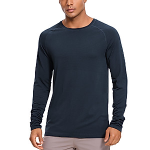 CRZ YOGA Mens Seamless Long Sleeve Tee Shirts Moisture Wicking Workout Athletic Running Shirts Breathable Gym Tops True Navy Heather Large