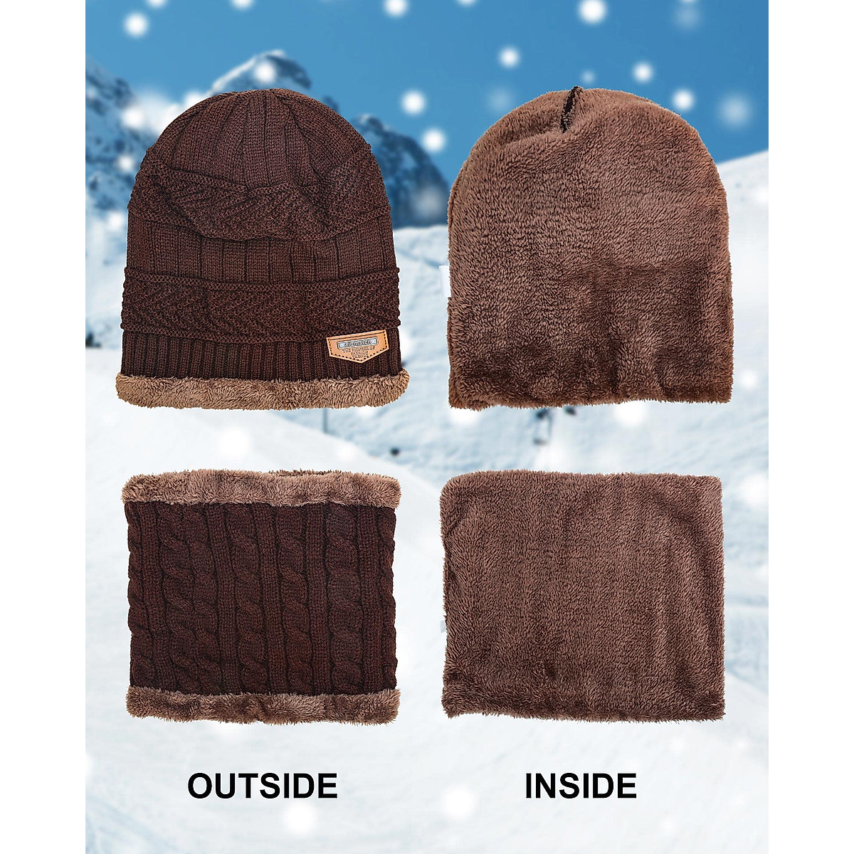 6 Pack Winter Beanie Hat Scarf Set Stylish Knit Skull Caps for Men Women Fleece Thick Lined Neck Warmer, 6 Colors