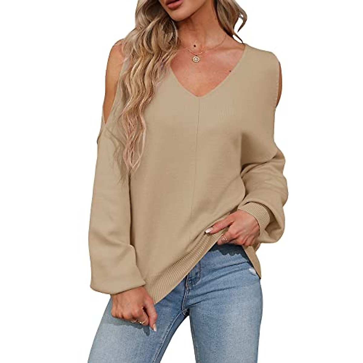 MaQiYa Women's V Neck Cold Shoulder Sweaters Oversized Batwing Long Sleeve Chunky Knit Pullover Sweater Tops Khaki