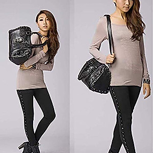 FiveloveTwo Women Skull Handbag Gothic Rivet Tote Satchel Shoulder Crossbody Bag Black