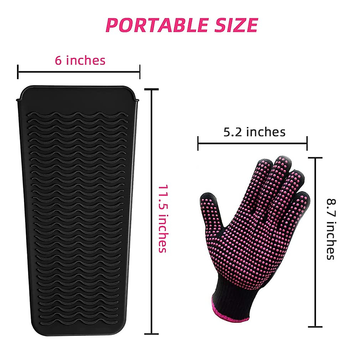 Heat Resistant Silicone Mat and Glove Set for Hair Straighteners and Flat Irons - 11" x 6" Mat, 8.7" x 5.2" Bump Glove, Black