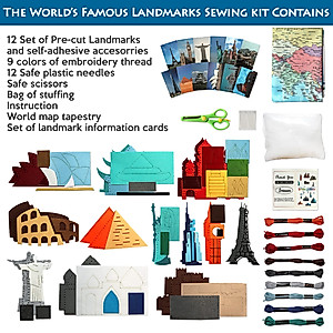 i-daum Sewing Kit for Kids - Worldwide Landmarks Craft kit w. World map, Information Cards, Educational Arts & Crafts Gift for Boys and Girls Ages 8-12, DIY Kid Felt Sewing Project Includes 37 Items