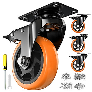4 Inch Caster Wheels, Casters Set of 4 Heavy Duty, Industrial Casters with Brake, Polyurethane Foam No Noise Casters, Locking Swivel Plate Casters for Furniture&Workbench Cart(Free Two Hardware Kits)