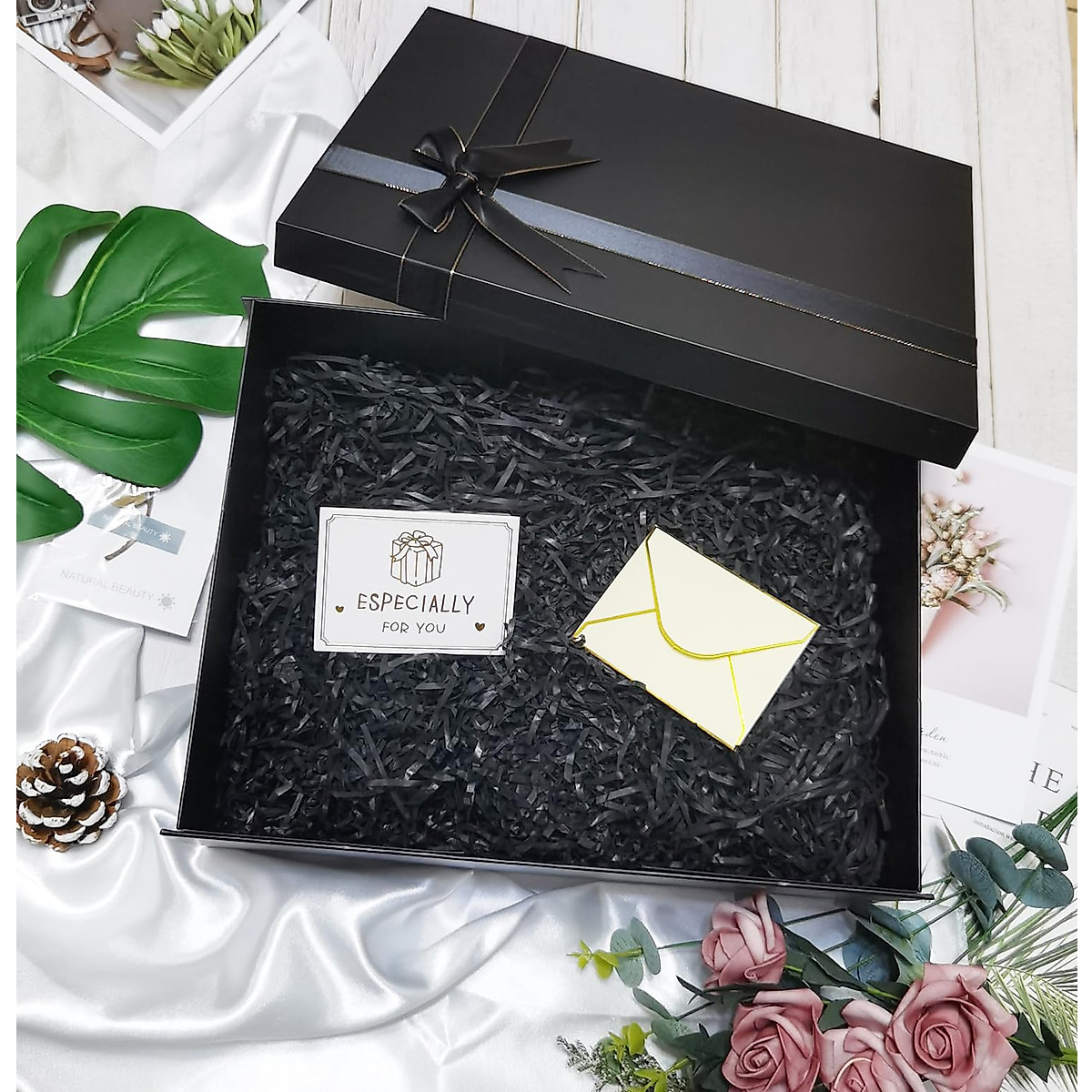MYGOGOART Large Black Gift Box 13 x 10 x 5 Inches with Lid, Ribbon Bow, Shredded Raffia Paper Fill, Greeting Card and Envelope for Wedding Birthday Valentines Bridal Gifts (1 pack, Black)
