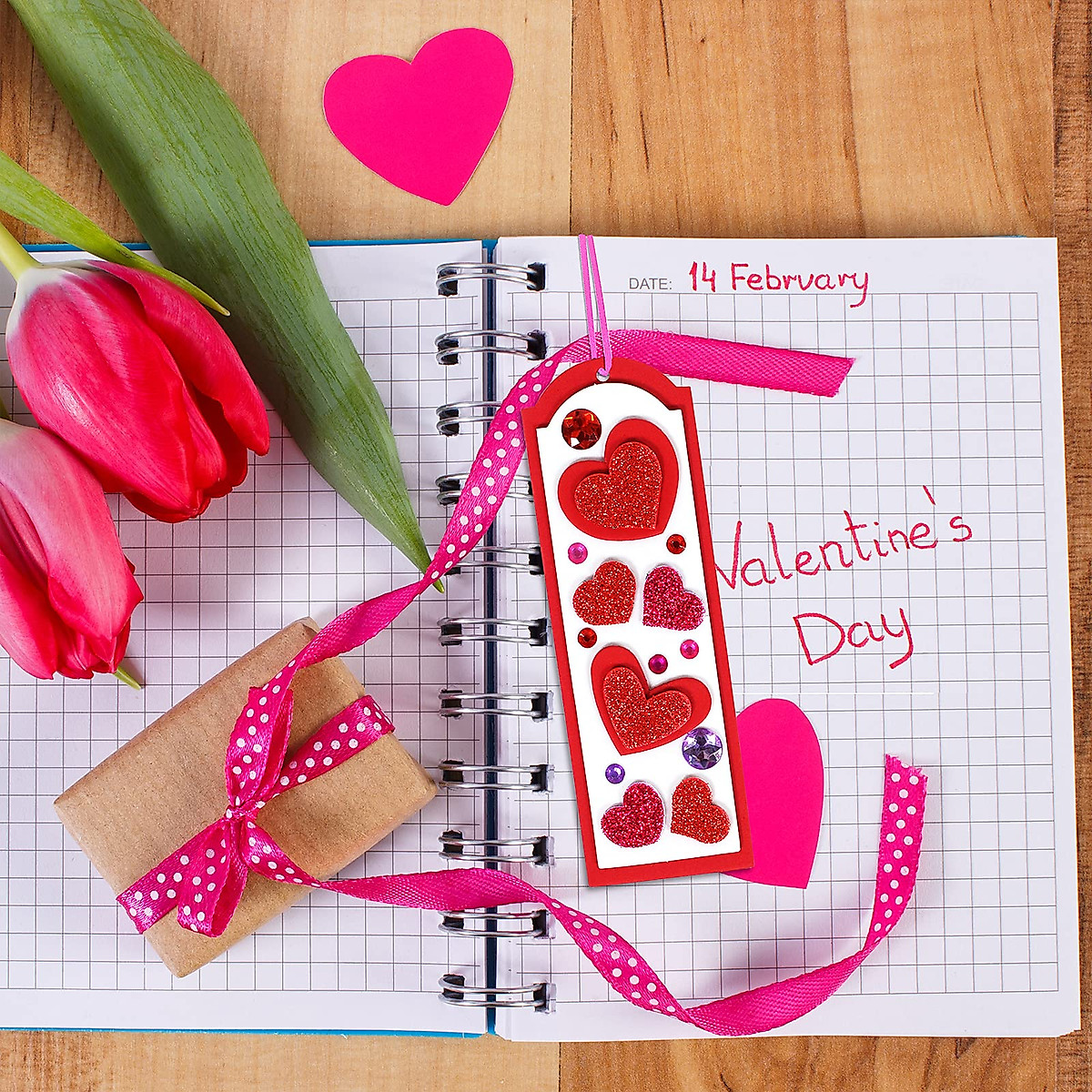 Winlyn 24 Sets Valentine's Day Decorations DIY Heart Bookmarks Valentine Craft Kits Blank Foam Bookmarks with Assorted Hearts Stickers for Kids Classroom Activities Reading Party Favors Gift Exchange