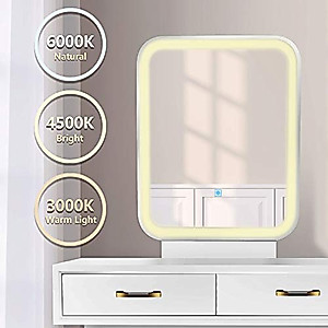 FUNKOCO Vanity Table Set with Lighted LED Touch Screen Dimming Mirror,Makeup Dressing Table with 2 Sliding Drawers, 1 Cushioned Stool for Bedroom, Bathroom (White)
