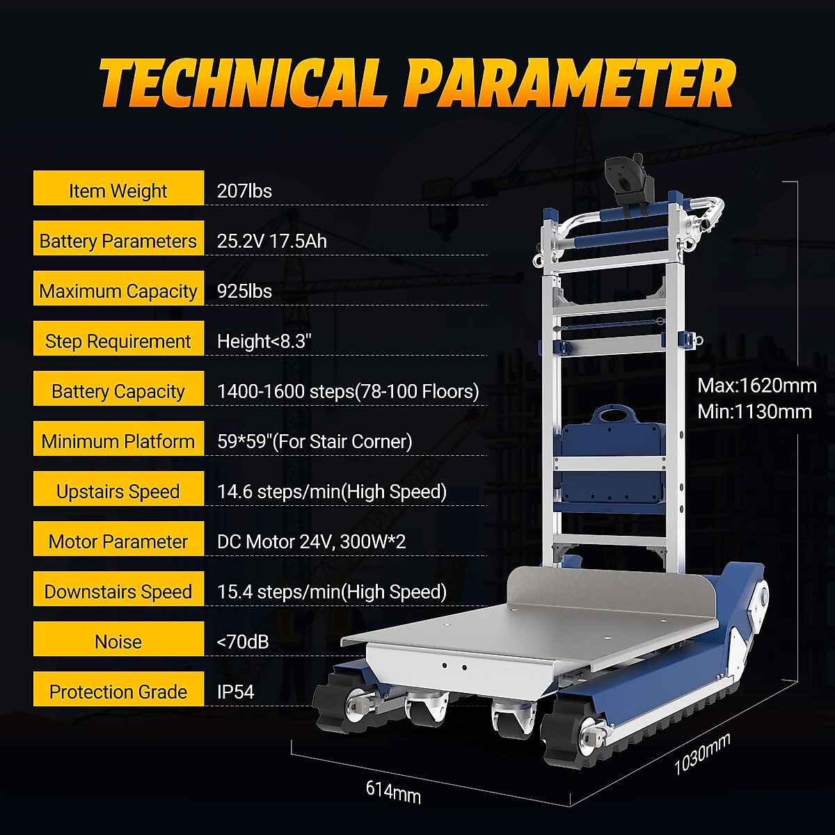 XSTO CT420C Powered Heavy Duty Track Stair Climbing Hand Truck, 926 lbs Load Capacity, Electric Semi-Automatic Stair Climber Cart for Material Handling