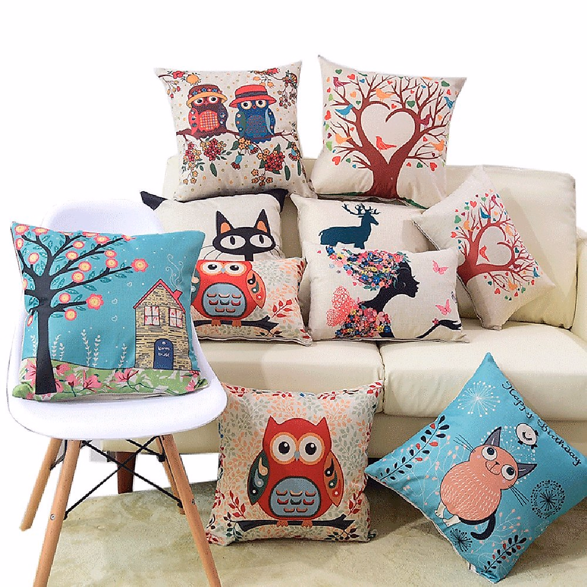 Bursonvic Cartoon Pattern Throw Pillow Case Cushion Cover Square Home Farmhouse/Modern Decorative Cotton Linen Pillowcase for Sofa/Bench/Couch (Owl Father-Son, 18" x 18")