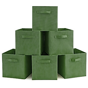 EZOWare Set of 10 Fabric Basket Bins Bundle Kit, Kale Green Collapsible Organizer Storage Cube with Handles for Home, Bedroom, Baby Nursery, Kids Playroom Toys - 13"x15"x13" + 10.5"x 10.5"x 11"