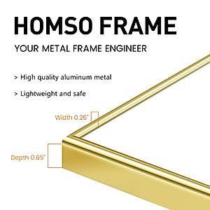 Homso A3 Picture Poster Frame, Display Pictures A4 with Mat or 11.7x16.5 Without Mat, Thin Border Metal with Plexiglass for Horizontal and Vertical, Gold