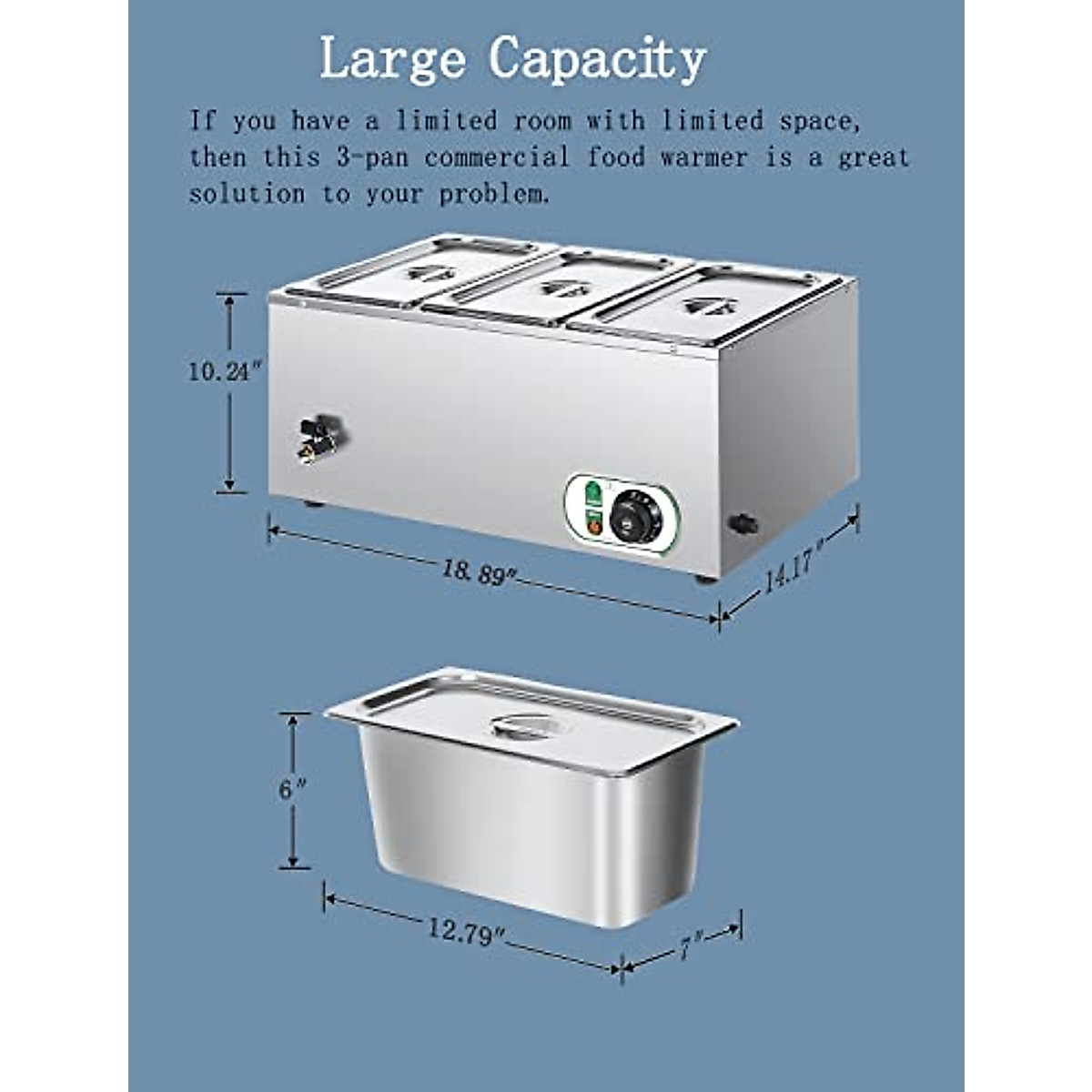 Steam Table Food Warmer 3 Pan,1200w Commercial Countertop Electric Warmers for Food,Stainless Steel Bain Marie Buffet with Lids 21qt Lage Capacity for Hotel and Restaurants