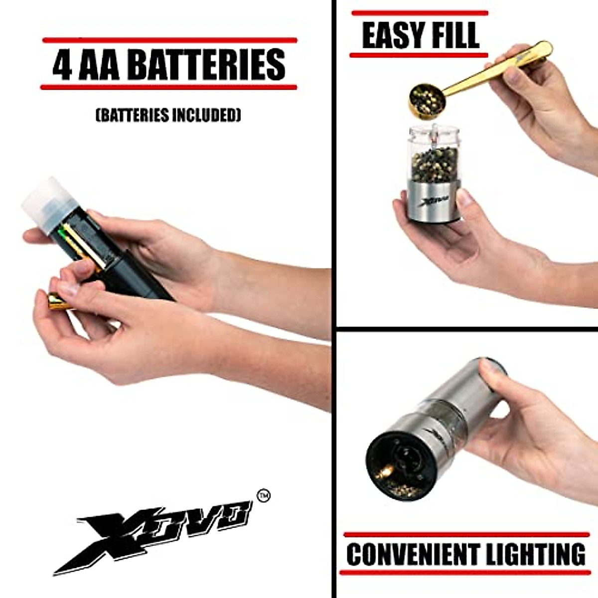 XOVO Electric Salt & Pepper Grinder Set - Battery Operated Stainless Steel Mill With LED Lighting - Electronic Adjustable Shakers - Ceramic Grinders - One Handed Automatic Operation - 2 Pack