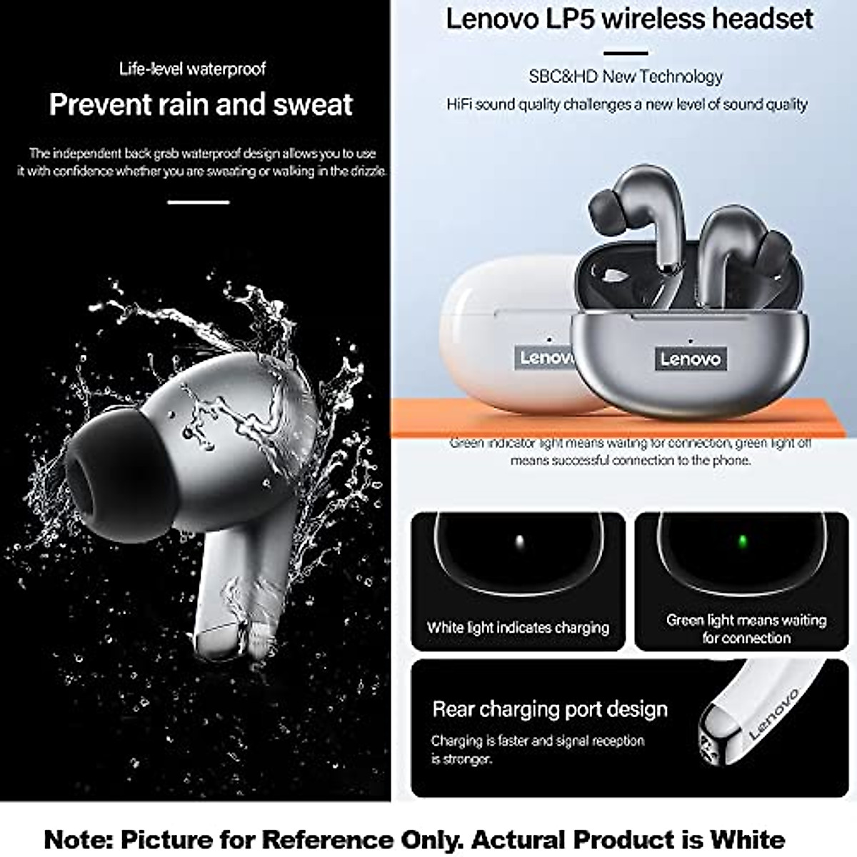 Lenovo Bluetooth Headphones Wireless Earbuds Thinkplus LivePods LP5 V5.0, Handsfree WaterProof Headphone 12Hrs Battery life with Charging Case Ergonomic Design Snug fit earbud Noise Reduction- White