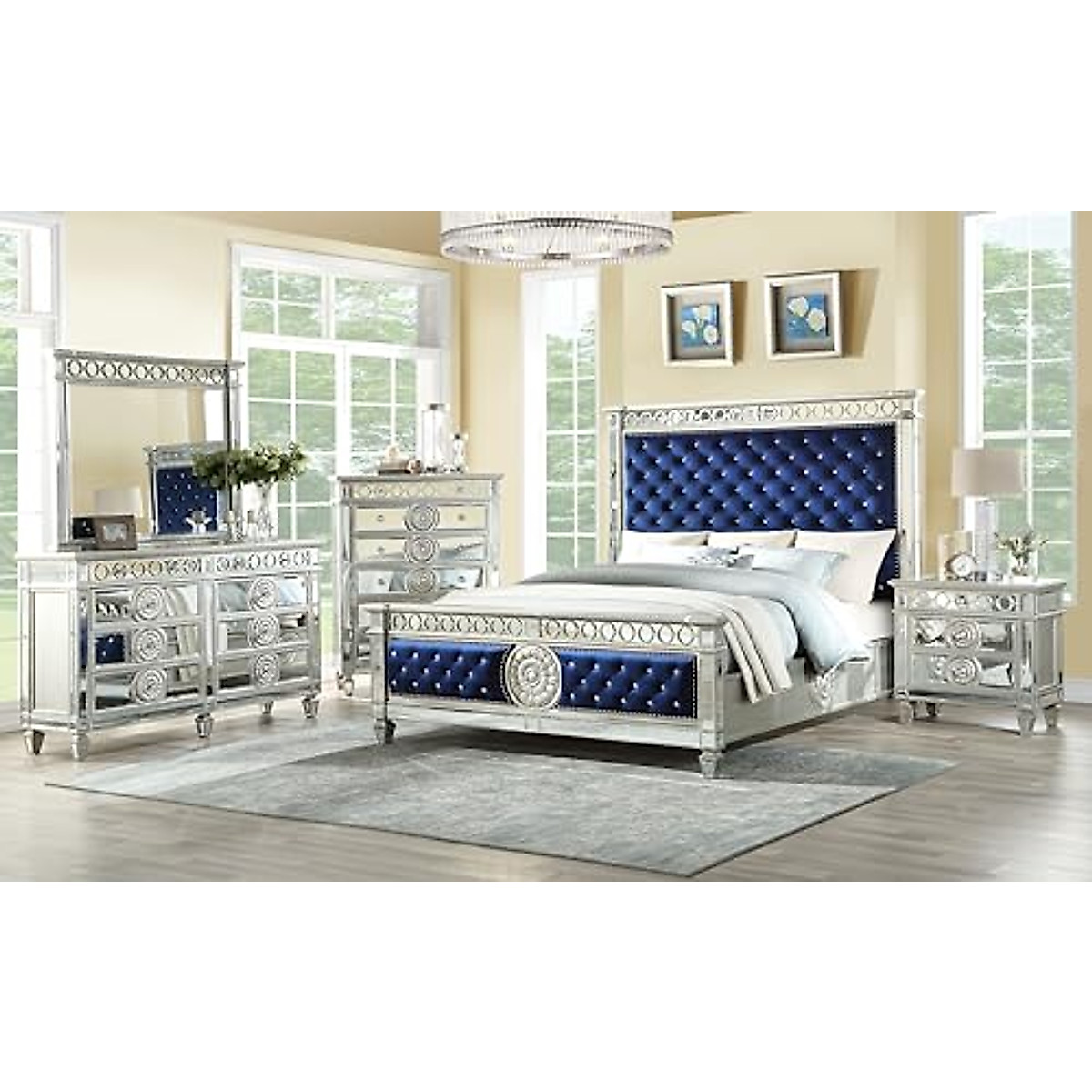 Acme Varian Queen Upholstered Panel Bed in Blue Velvet and Mirrored