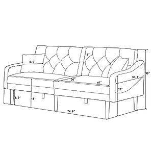 KoiHome Velvet Bed with Adjustable for Backrest, Two Pillows, Modern Couch with Handrail and Wood Legs, Upholstered Loveseat for Living, Bedroom,Office,Waiting Room, Grey, Futon Sleeper Sofa