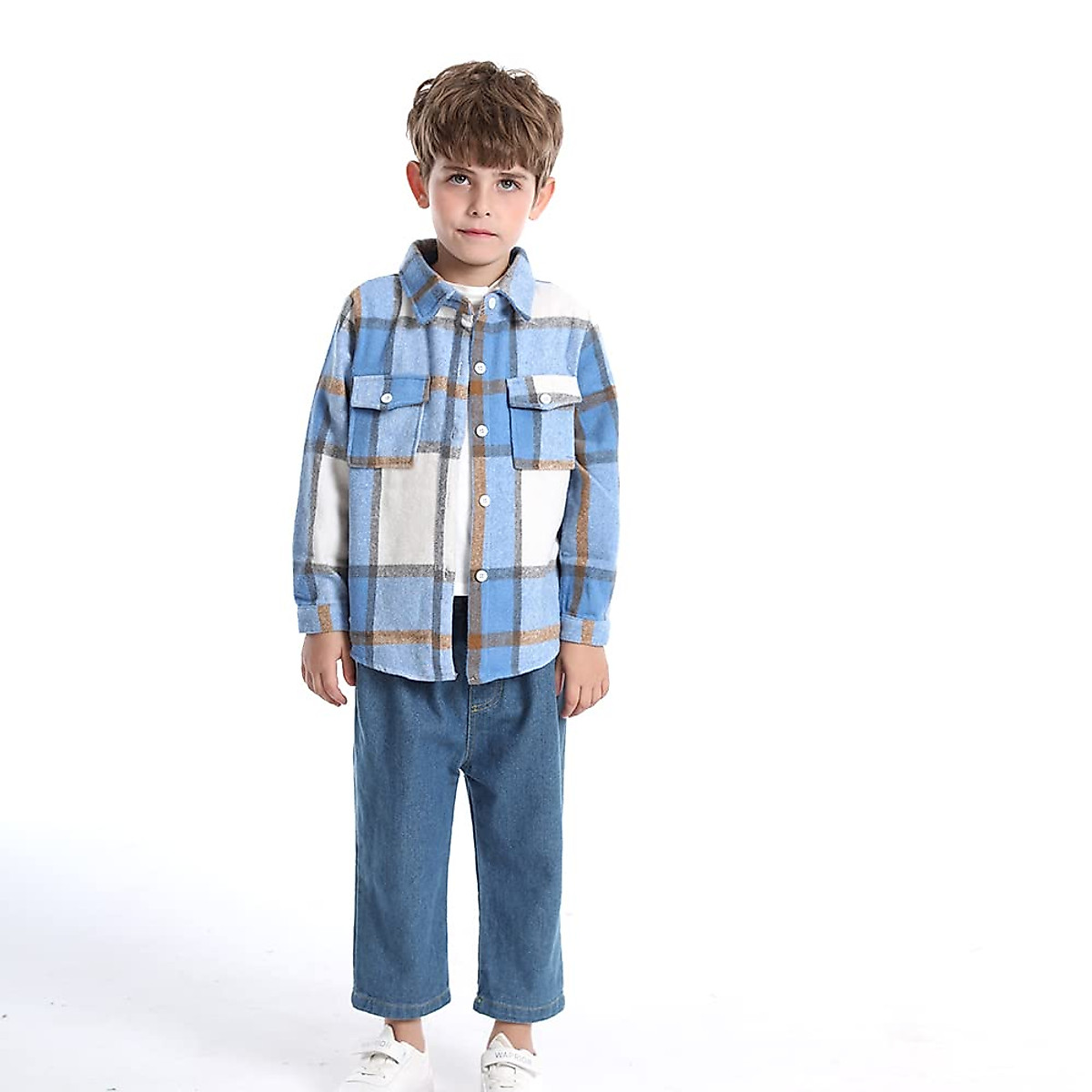 Feidoog Toddler 2 Pack Baby Boys and Girls Plaid Shirts Jacket Long Sleeve Lapel Button Down Shirt Top Outwear Clothes,Blue+Brown,3-4T