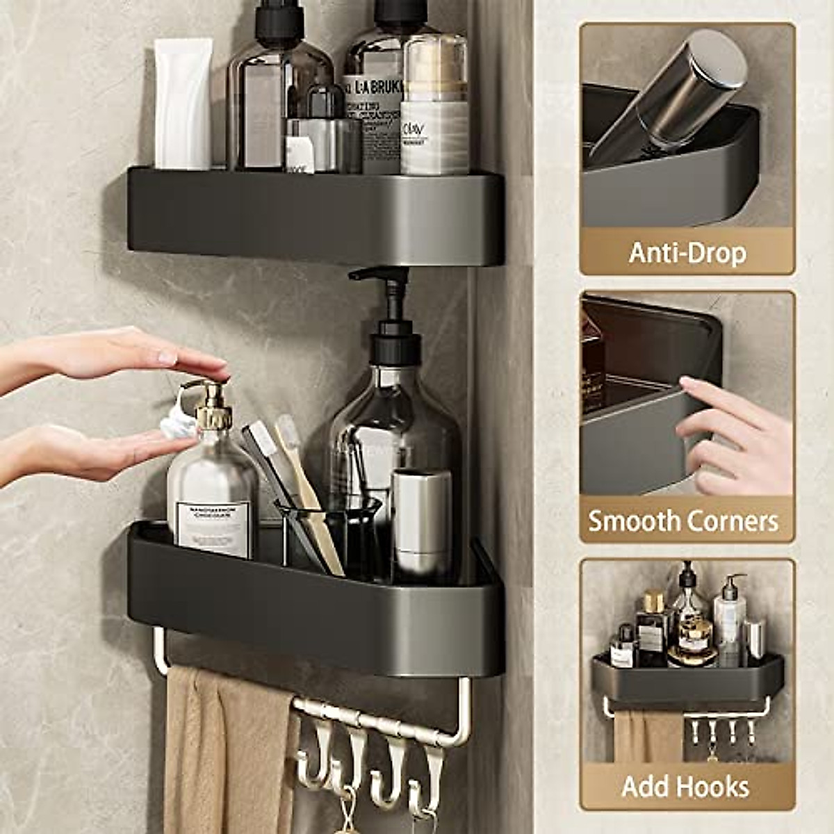 EAQ 2 Pack Corner Shower Shelves, Shower Organizer with 4 Removable Hooks and Towel bar,Adhesive No Drilling Wall Mounted Or Organizer Basket for Washroom/Toilet/Dorm/Kitchen, Matte Black