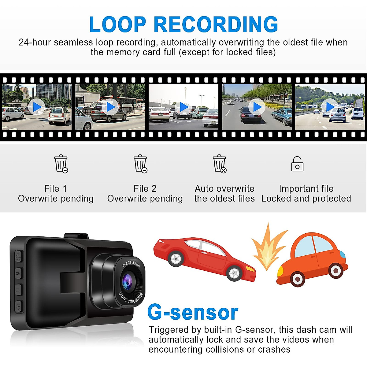 Dash Cam 720P Full HD, On-Dashboard Camera Video Recorder Dashcam for Cars with 3" LCD Display, Night Vision, WDR, Motion Detection, Parking Mode, 120° Wide Angle