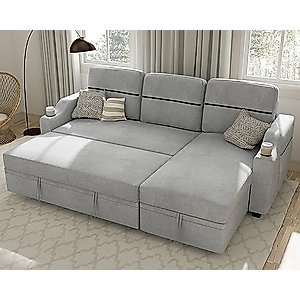 Ucloveria Sectional Sofa Couch, 82" Sleeper Sofa Bed with Reversible Storage Chaise Pull Out Couch Bed for Living Room L-Shape Lounge 2 in 1 Futon Sofa with Two Cup Holder, Grey
