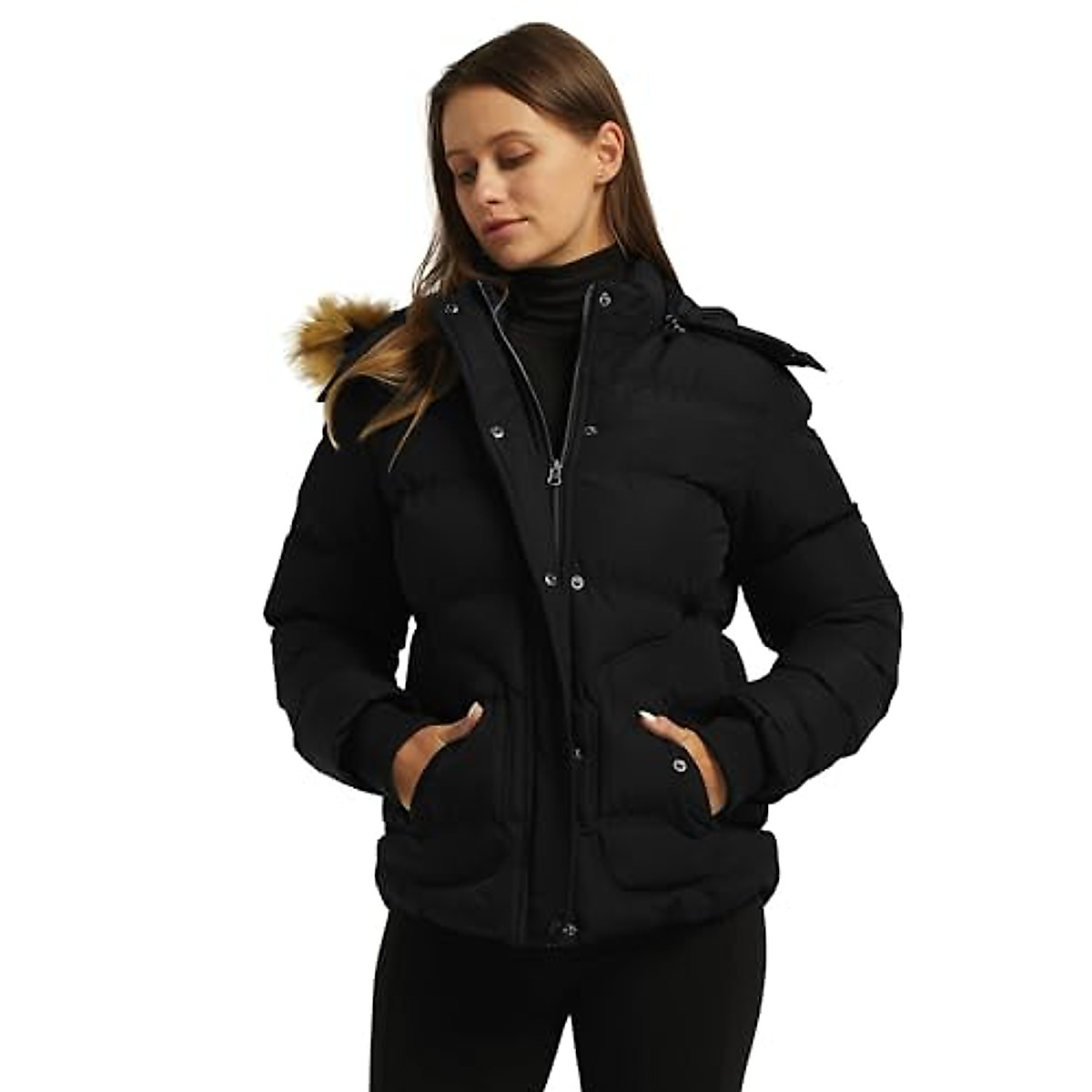 wantdo Women Waterproof Winter Jacket Fur Hood Thicken Parka Jacket (Black, Small)